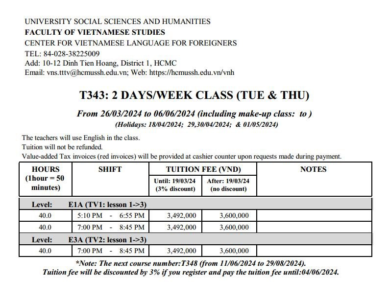 T343 (From 26/3/2024 to 06/6/2024): 2 days/week class (tue & thu)
