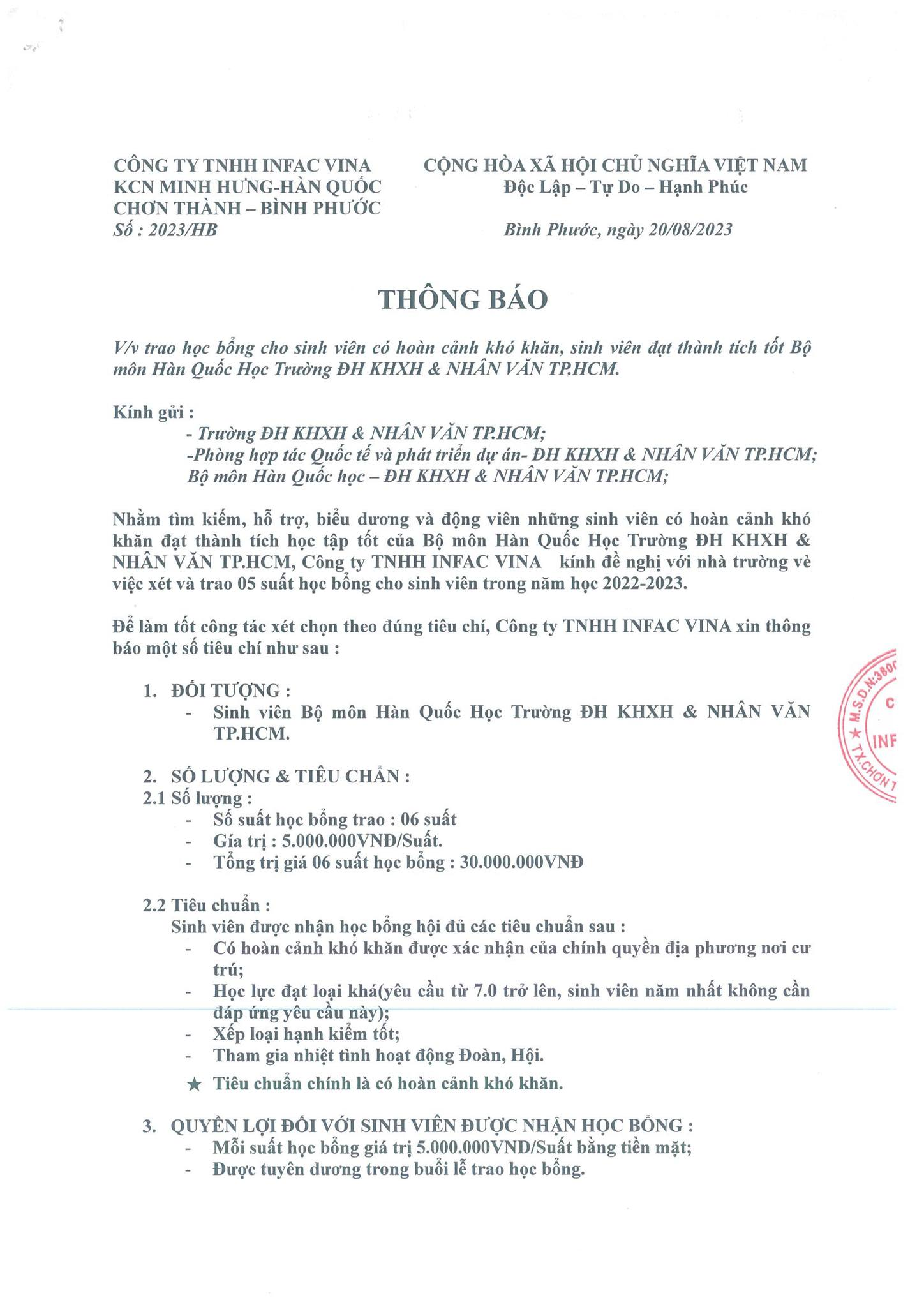 Học bổng INFAC VINA 2023