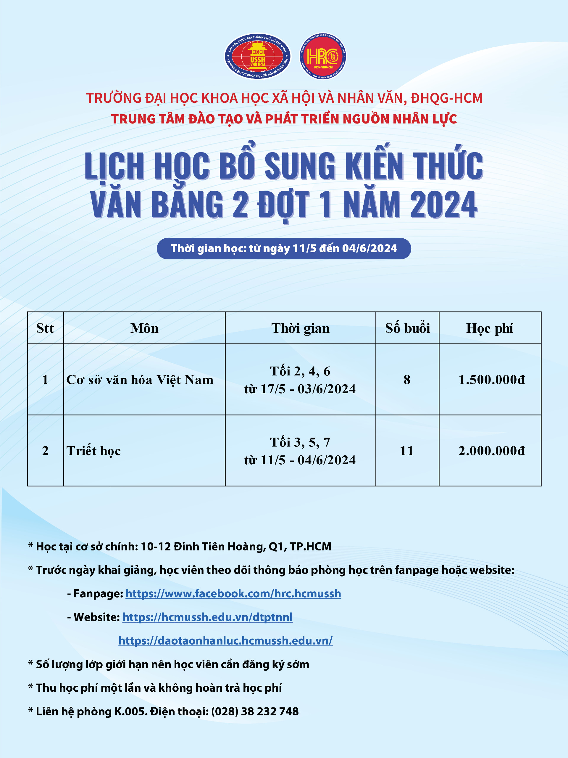Thông tin lịch học bổ sung kiến thức Văn bằng 2 đợt 1 năm 2024