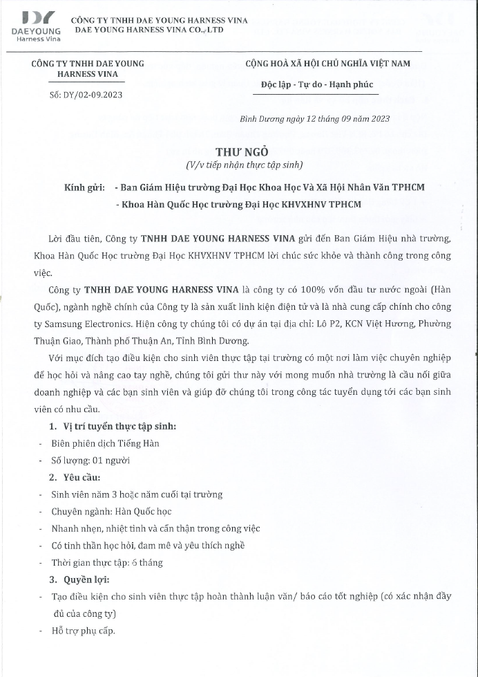 Công ty TNHH Dae Young Harness Vina tuyển dụng thực tập sinh