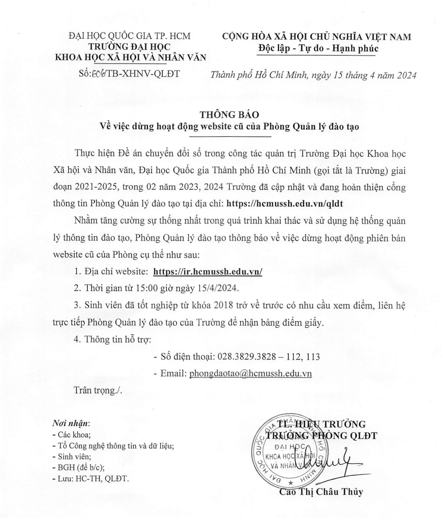THÔNG BÁO VỀ VIỆC DỪNG HOẠT ĐỘNG WEBSITE CŨ CỦA PHÒNG QUẢN LÝ ĐÀO TẠO ...