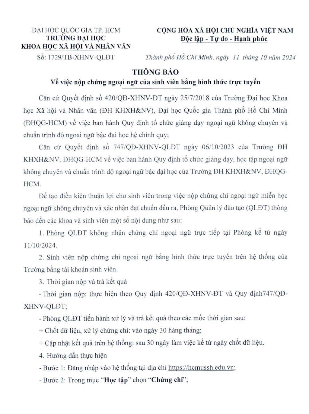 ĐH| Thông báo: V/v nộp chứng chỉ ngoại ngữ của SV bằng hình thức trực tuyến
