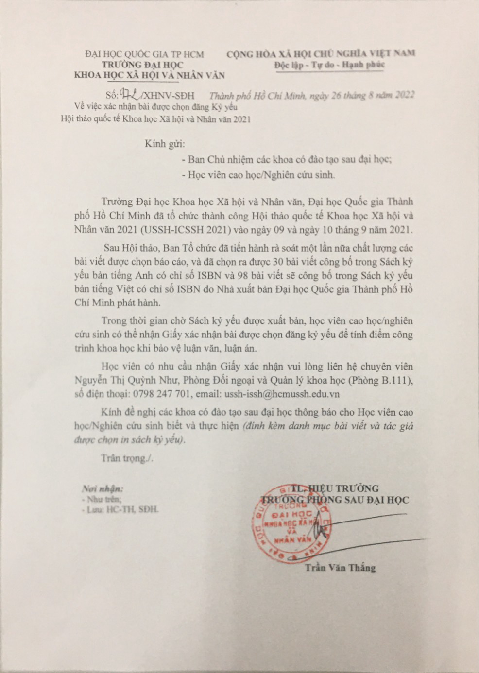 Xác nhận bài được chọn đăng Kỷ yếu Hội thảo quốc tế Khoa học Xã hội và ...