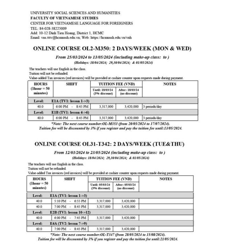 OL2-M350 (From 25/3/2024 to 13/5/2024): 2 daysweek (mon-wed) - Online course OL31-T342 (From 12 ...