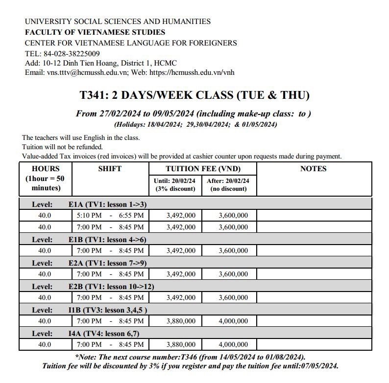 T341 (From 27/02/2024 to 09/5/2024): 2 days/week class (tue & thu)