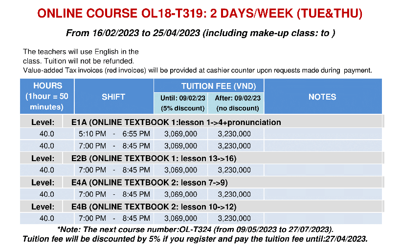 [Ban ngày] Online course OL18-T319: 2 days/week (tue&thu)