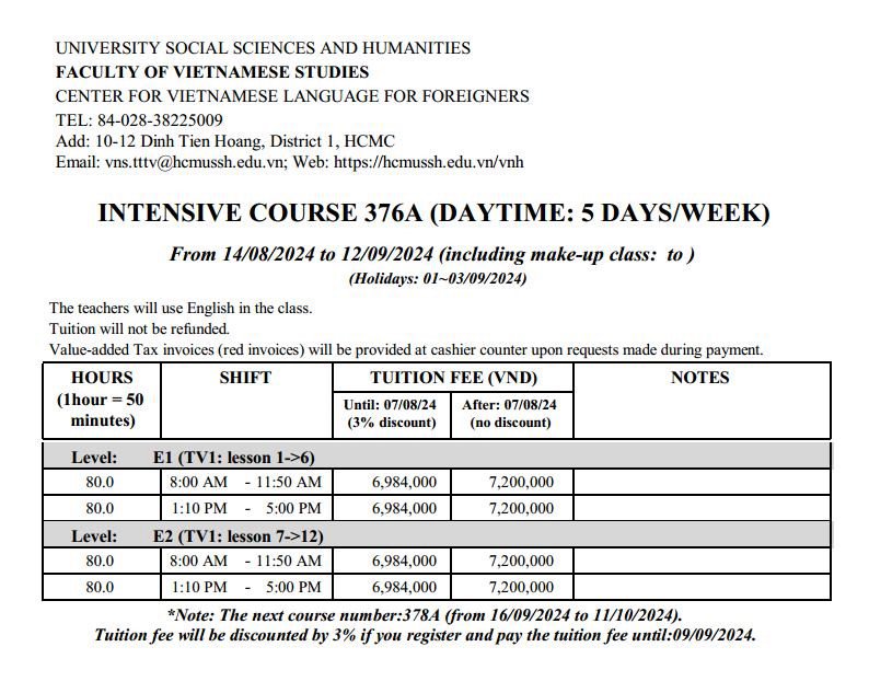 Intensive course 376A (From 14/08/2024 to 12/09/2024): (daytime: 5 days ...